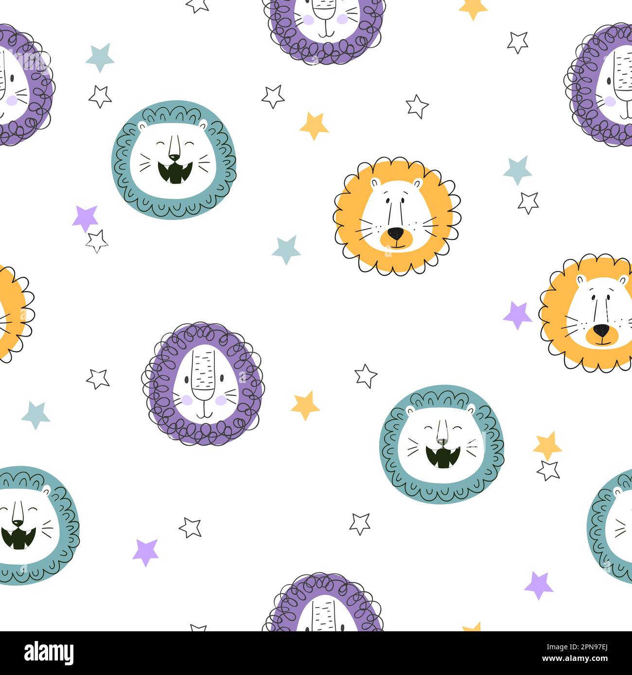 Seamless pattern with cute cartoon lions. Vector doodle illustration for kids. Baby print Stock ...