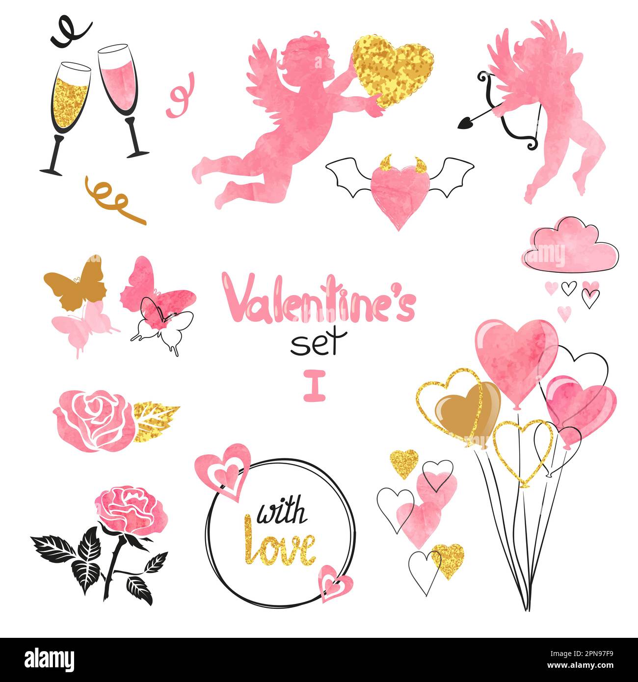Valentines set. Collection of cupids and romantic elements for greeting ...