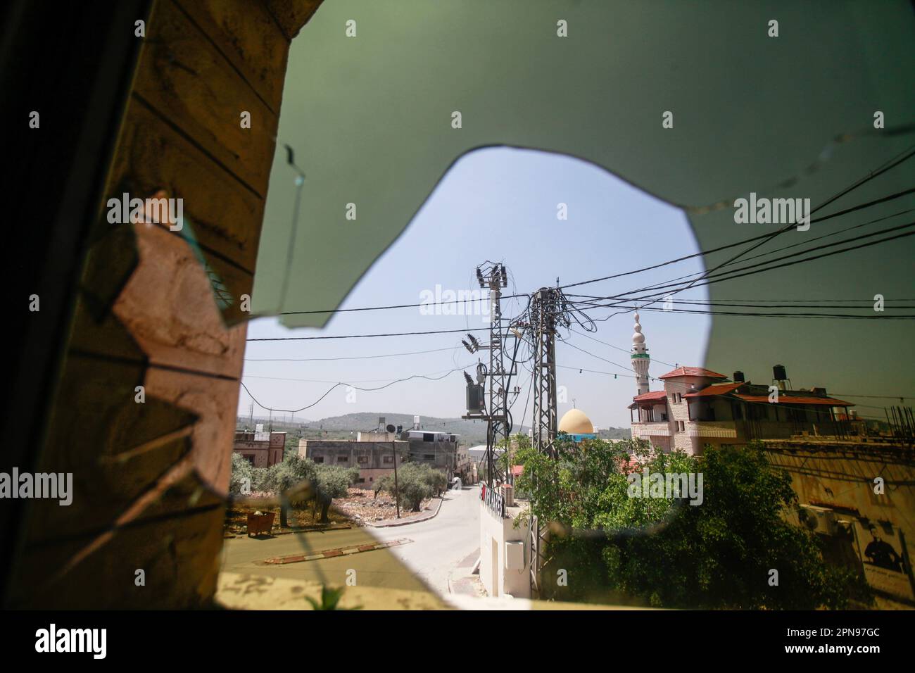 Salfit, Palestine. 17th Apr, 2023. A view of a broken window of a ...