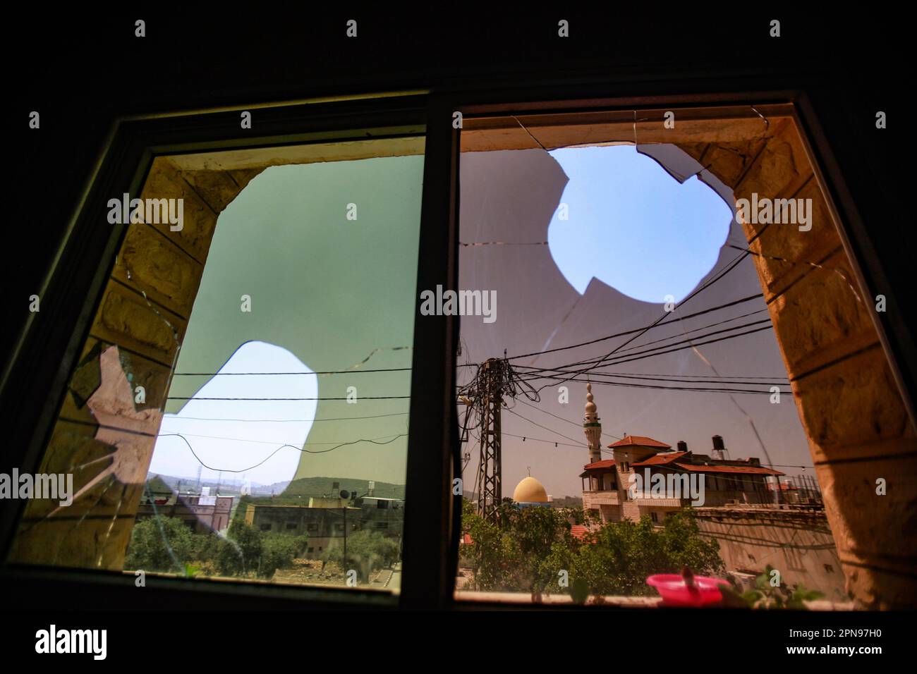 Salfit, Palestine. 17th Apr, 2023. A view of a broken window of a ...