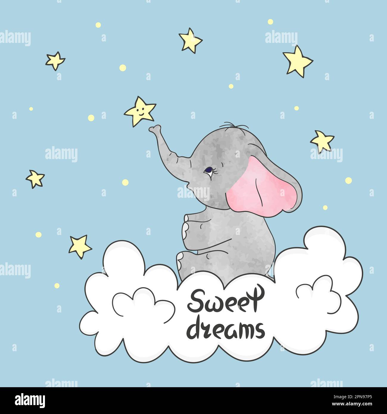 Cute little elephant on the cloud. Sweet dreams vector illustration ...