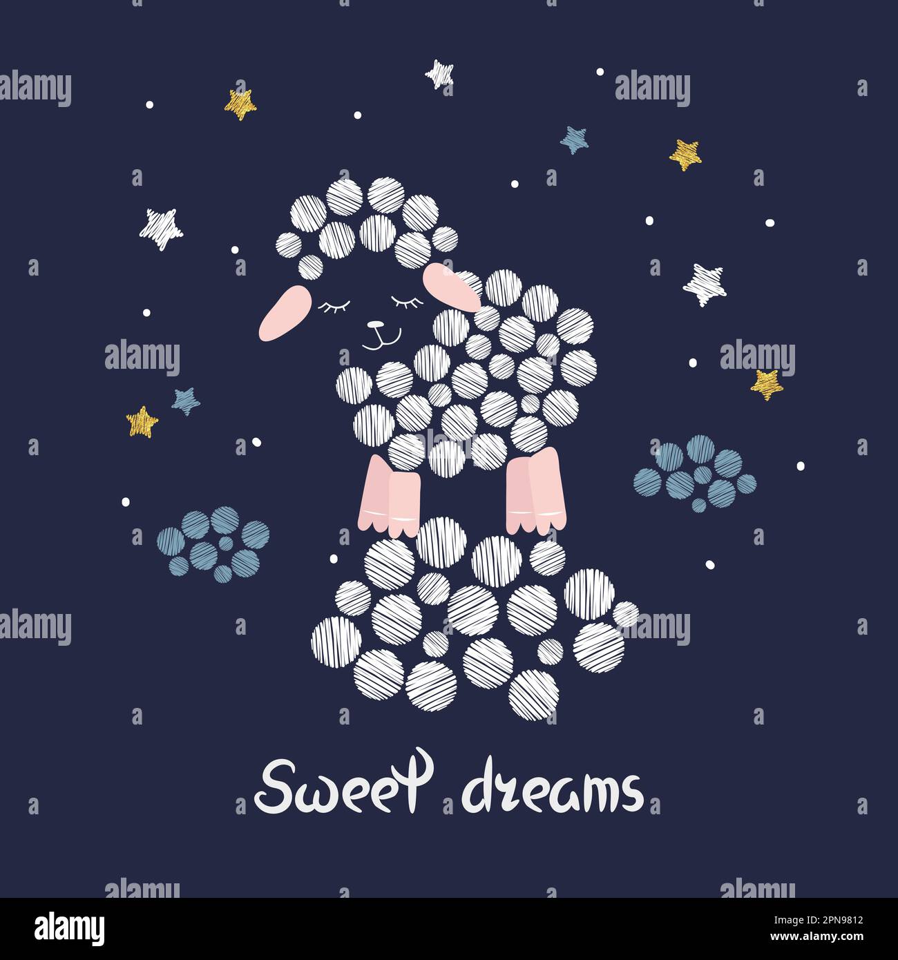 Sweet dreams vector illustration for kids. Cute sleeping sheep, clouds ...