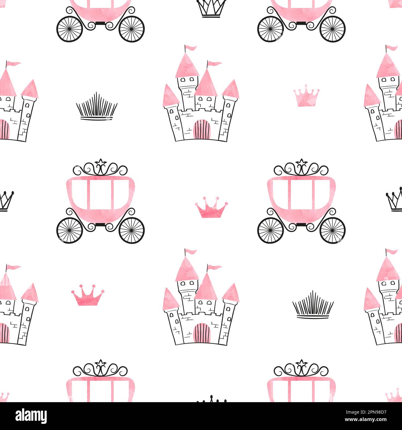 Seamless princess pattern with castles, crowns and carriages. Vector ...