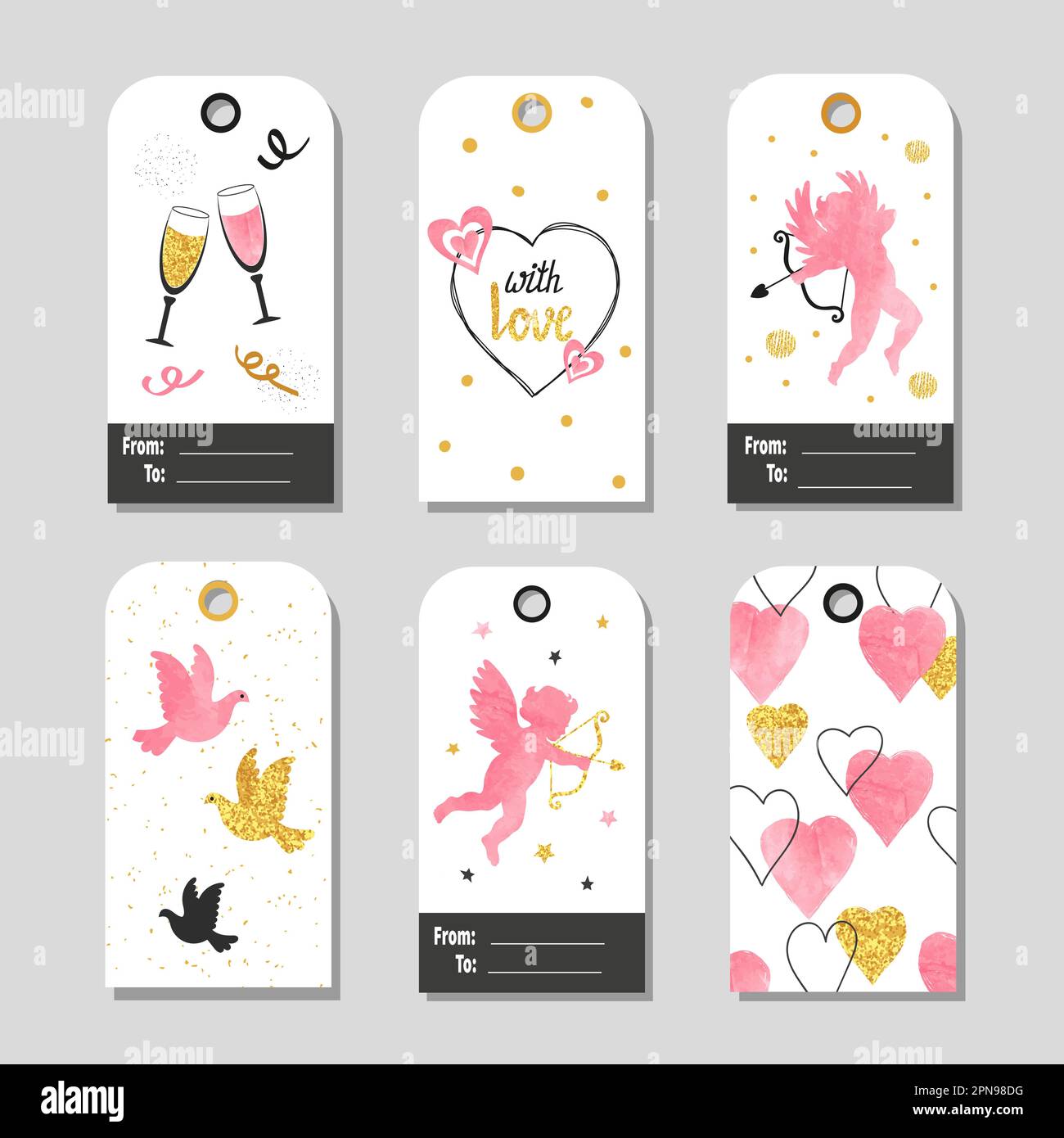 Set of Valentine's Day gift tags with cute cupid, dove, hearts. Vector ...