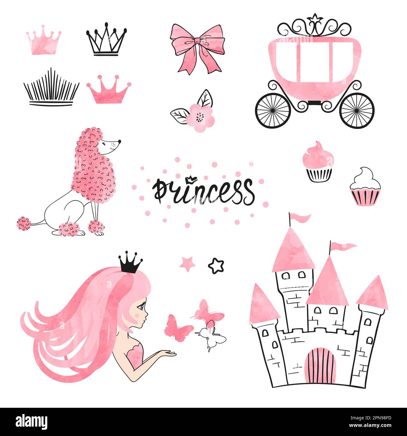 Set of Princess world design elements isolated on white. Vector ...
