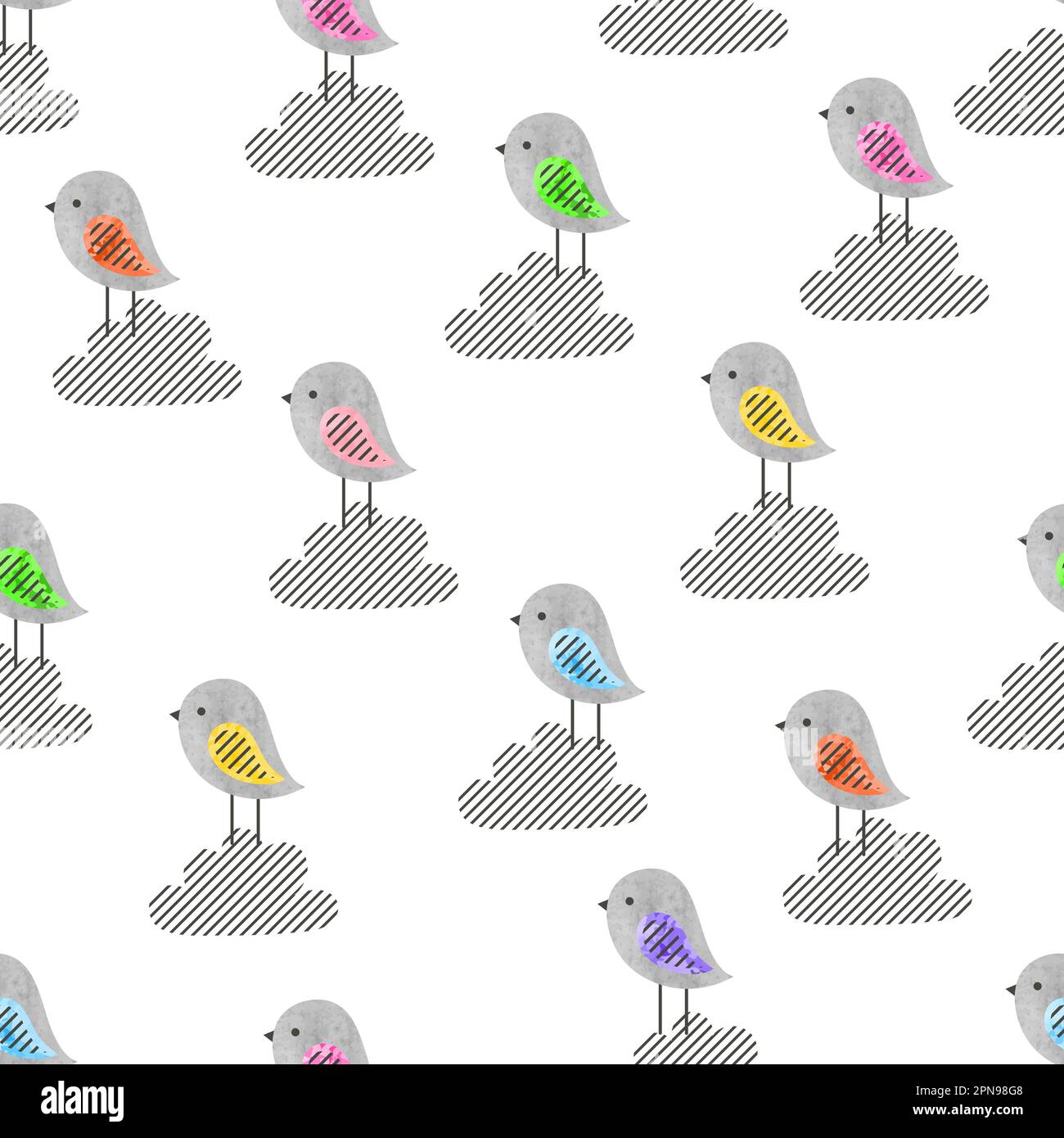 Seamless pattern with cute colorful birds and clouds. Vector ...