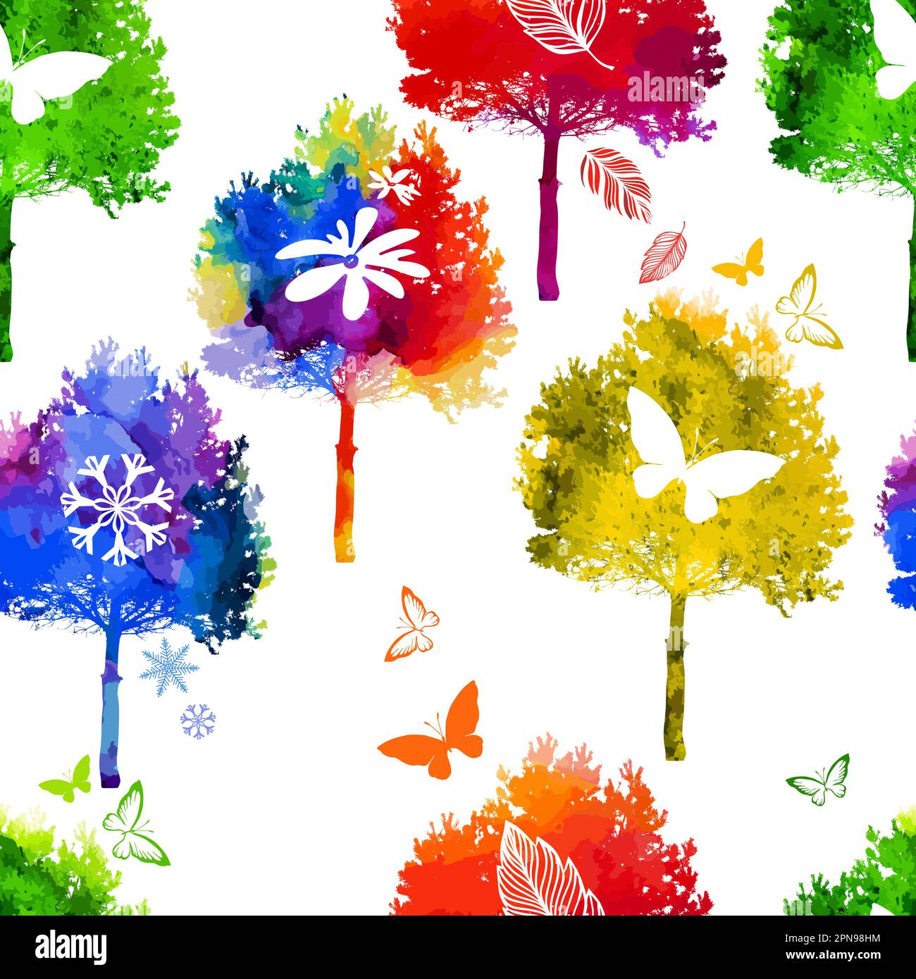 Seamless pattern colored watercolor trees. Background seasons of the ...