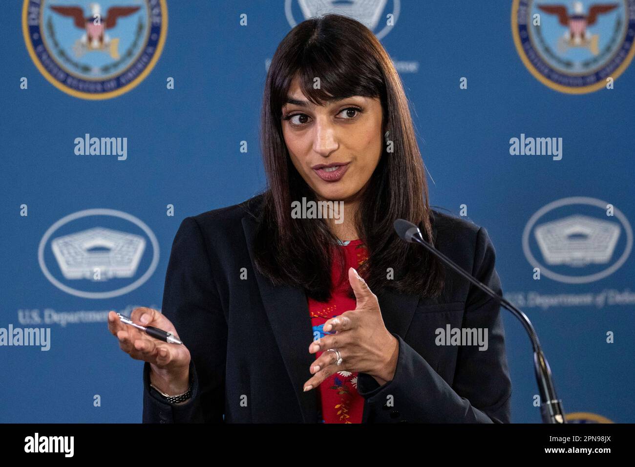 Pentagon spokeswoman Sabrina Singh speaks during a media briefing at ...