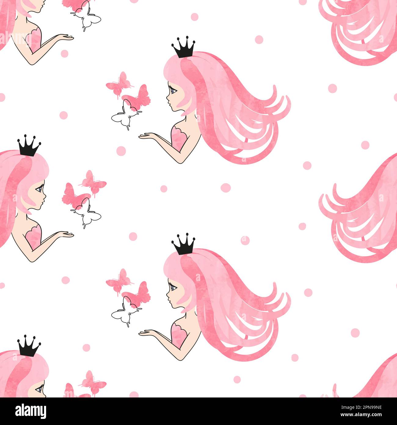 Seamless princess pattern with beautiful girls and butterflies Stock ...