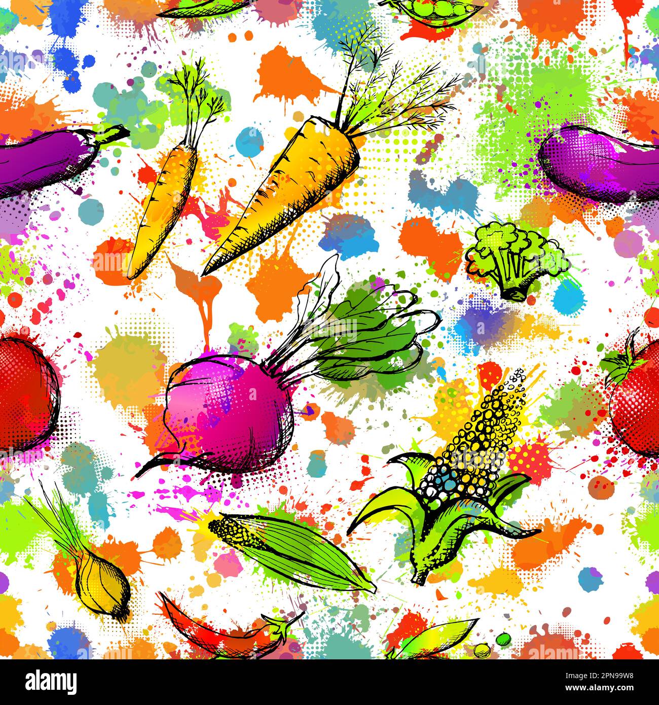 Vegetables abstract seamless background with colored watercolor blots ...