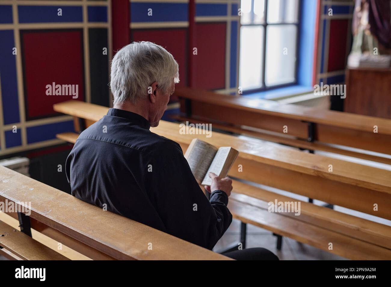 Rear view of senior priest reading Bible during praying while sitting ...