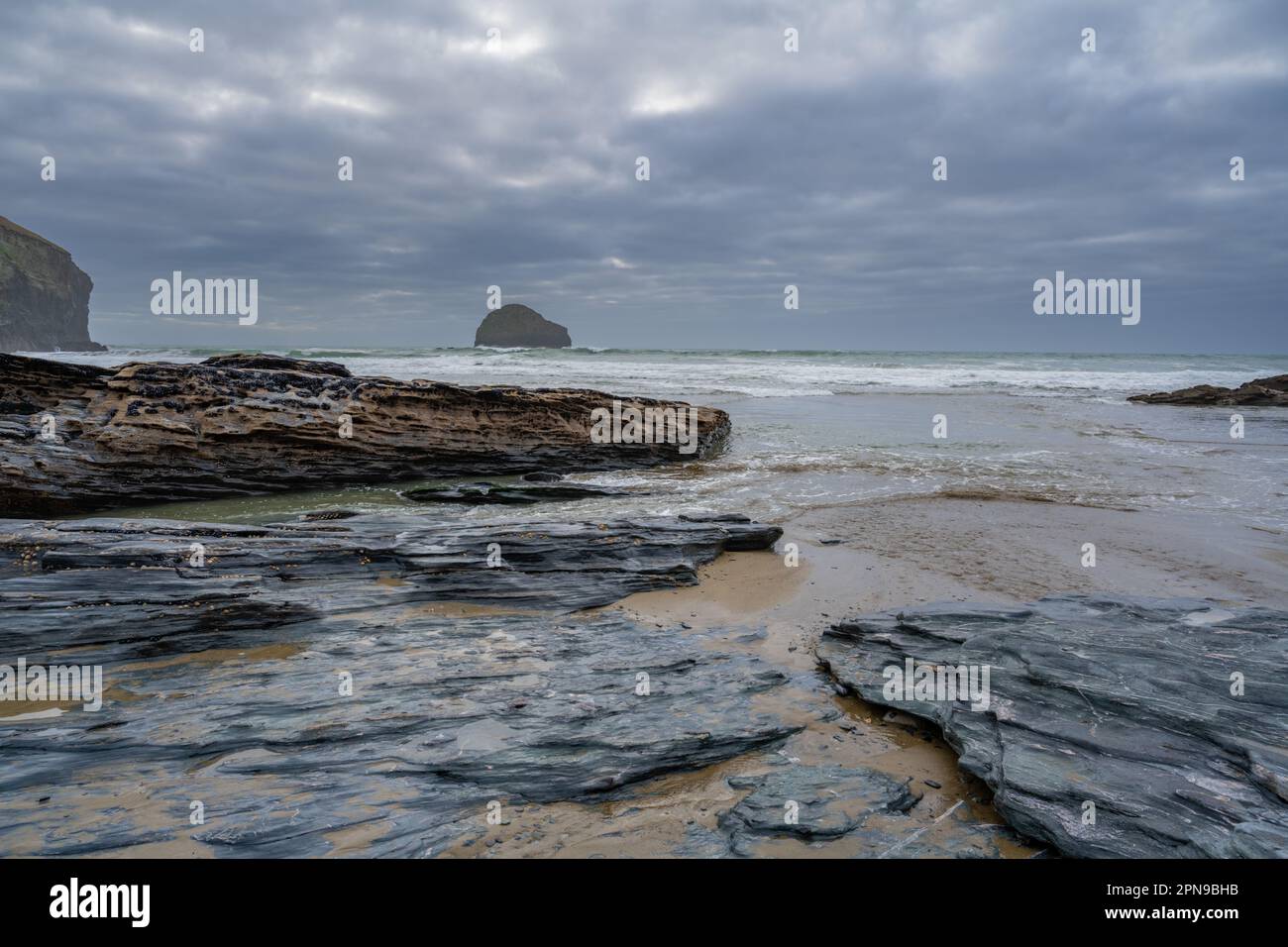 Looking out from Trebarwith Strand in Cornwall towards Gull Island ...