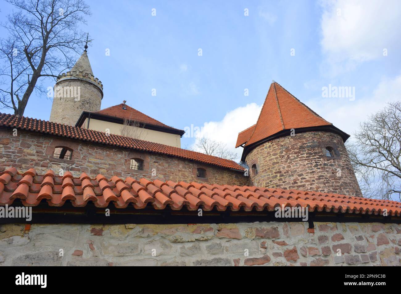 Detail view towers and architecture at the medieval castle Leuchtenburg ...