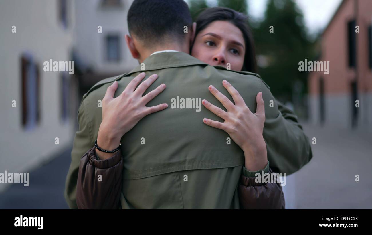 Couple embrace in empathy calming partner during difficult times. A ...