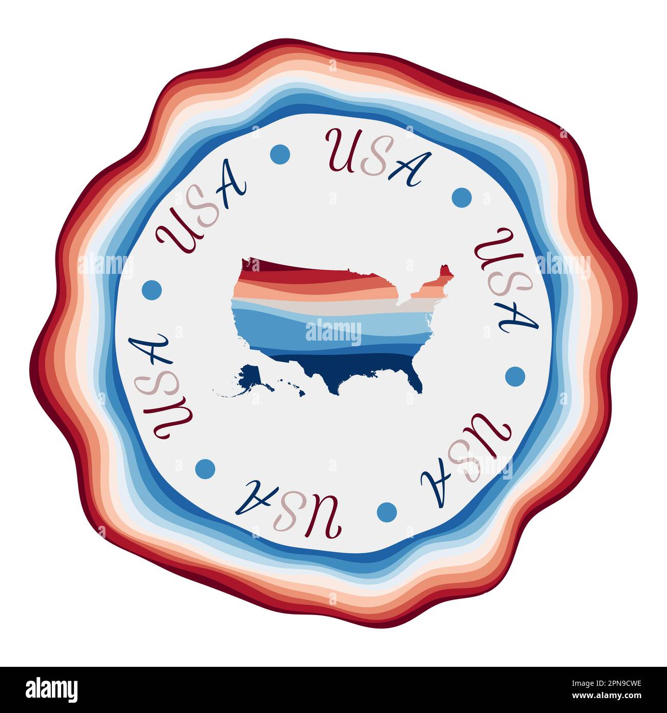 USA badge. Map of the country with beautiful geometric waves and vibrant red blue frame. Vivid ...