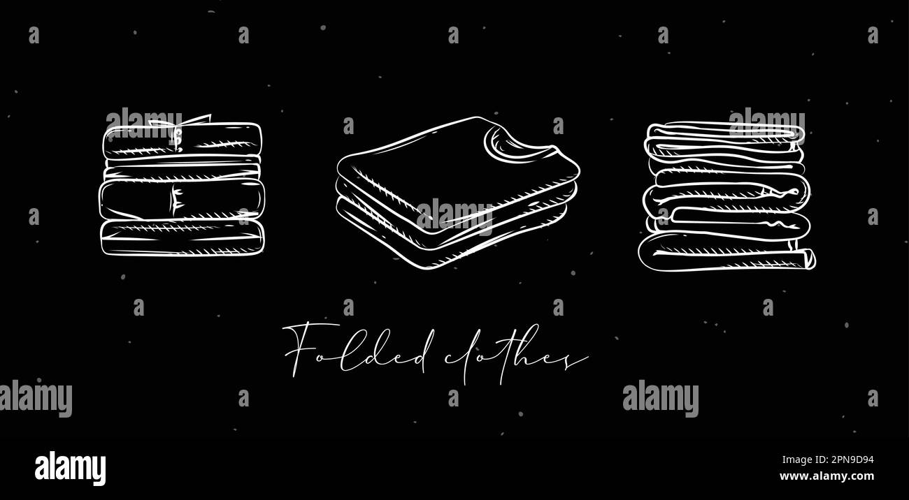 Folded clothes in different angles drawing in graphic style on black ...