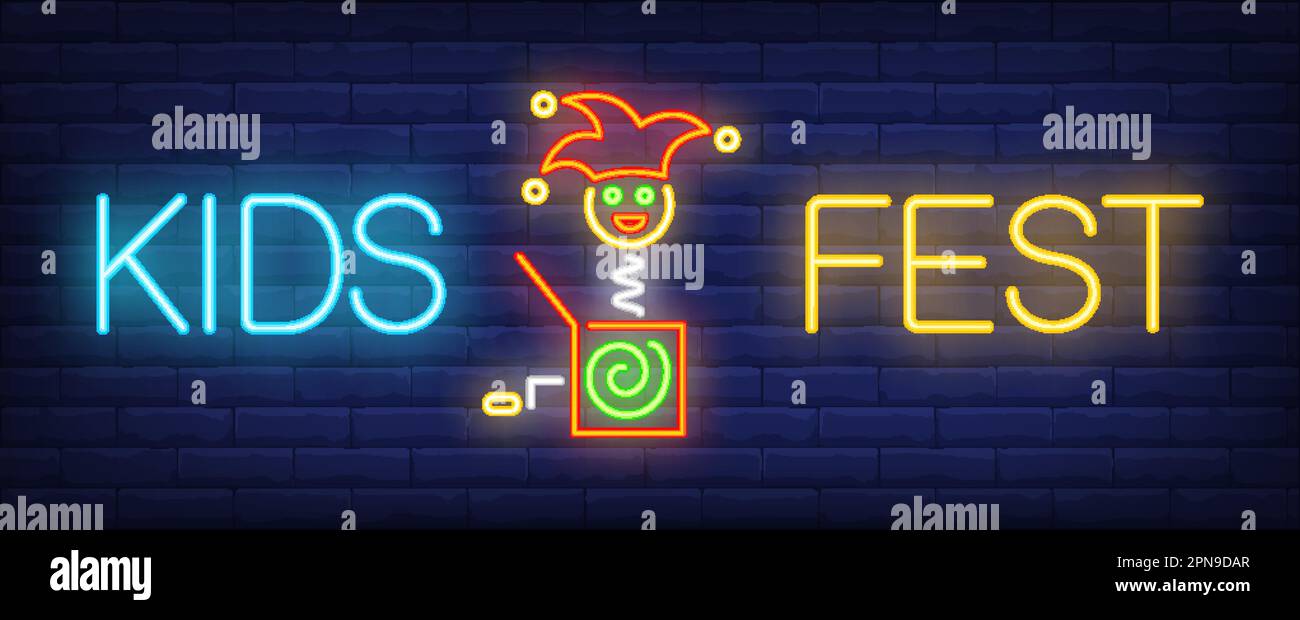 Kids fest neon text with jack in box toy Stock Vector Image & Art - Alamy