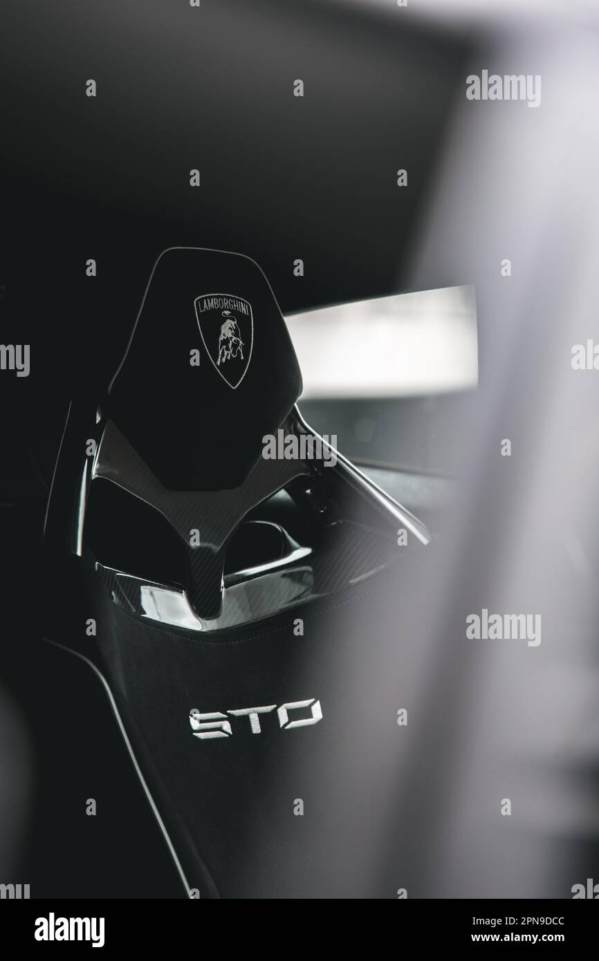 A close-up vertical shot of the details of the luxurious Lamborghini ...