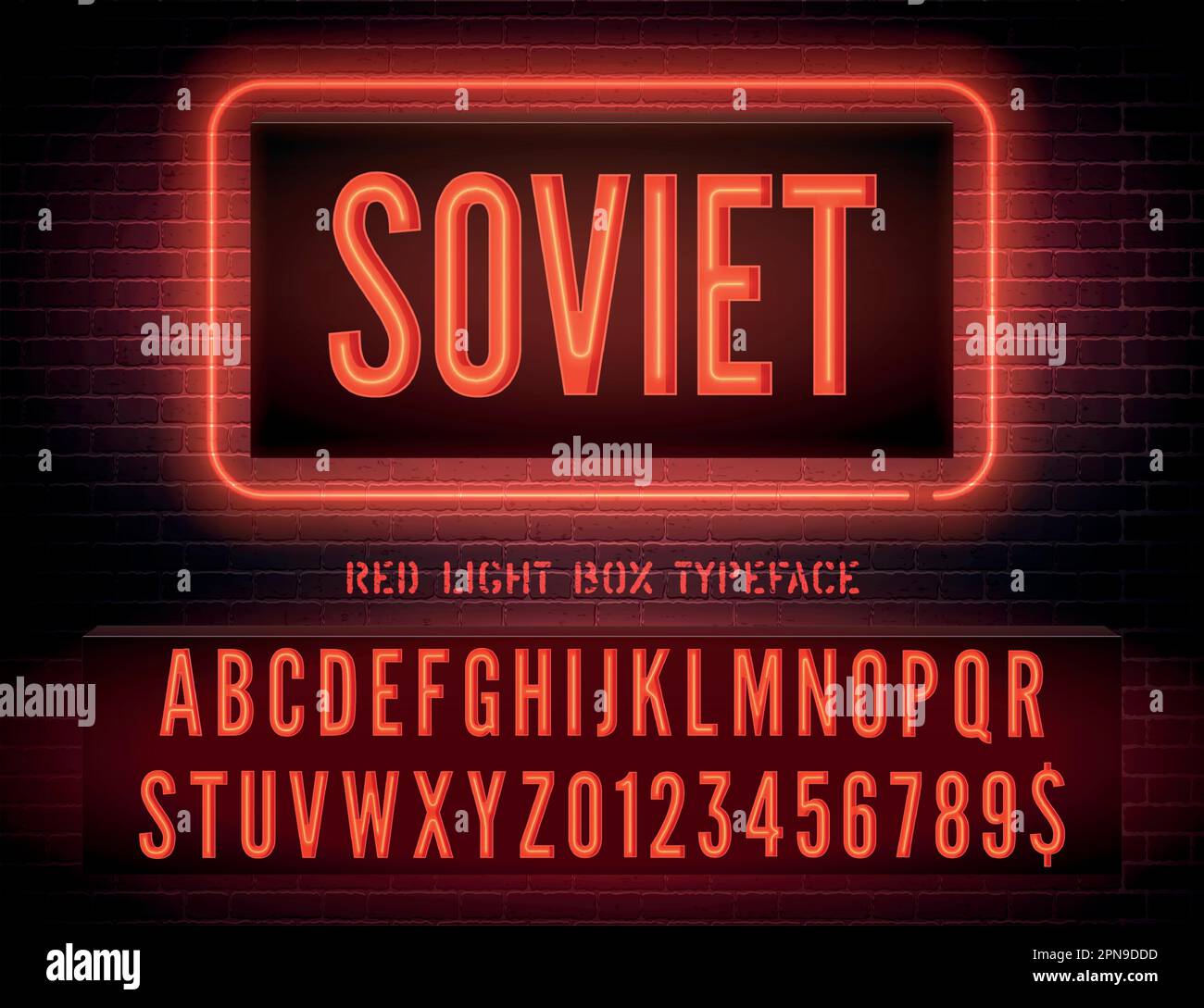 Red neon box narrow font and vector Soviet night light sign on brick ...