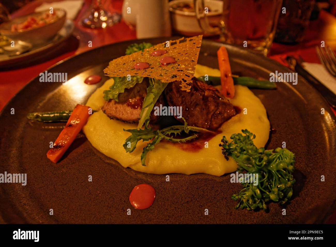 Alpaca steak, served in a fine dining restaurant in Aguas Calientes ...