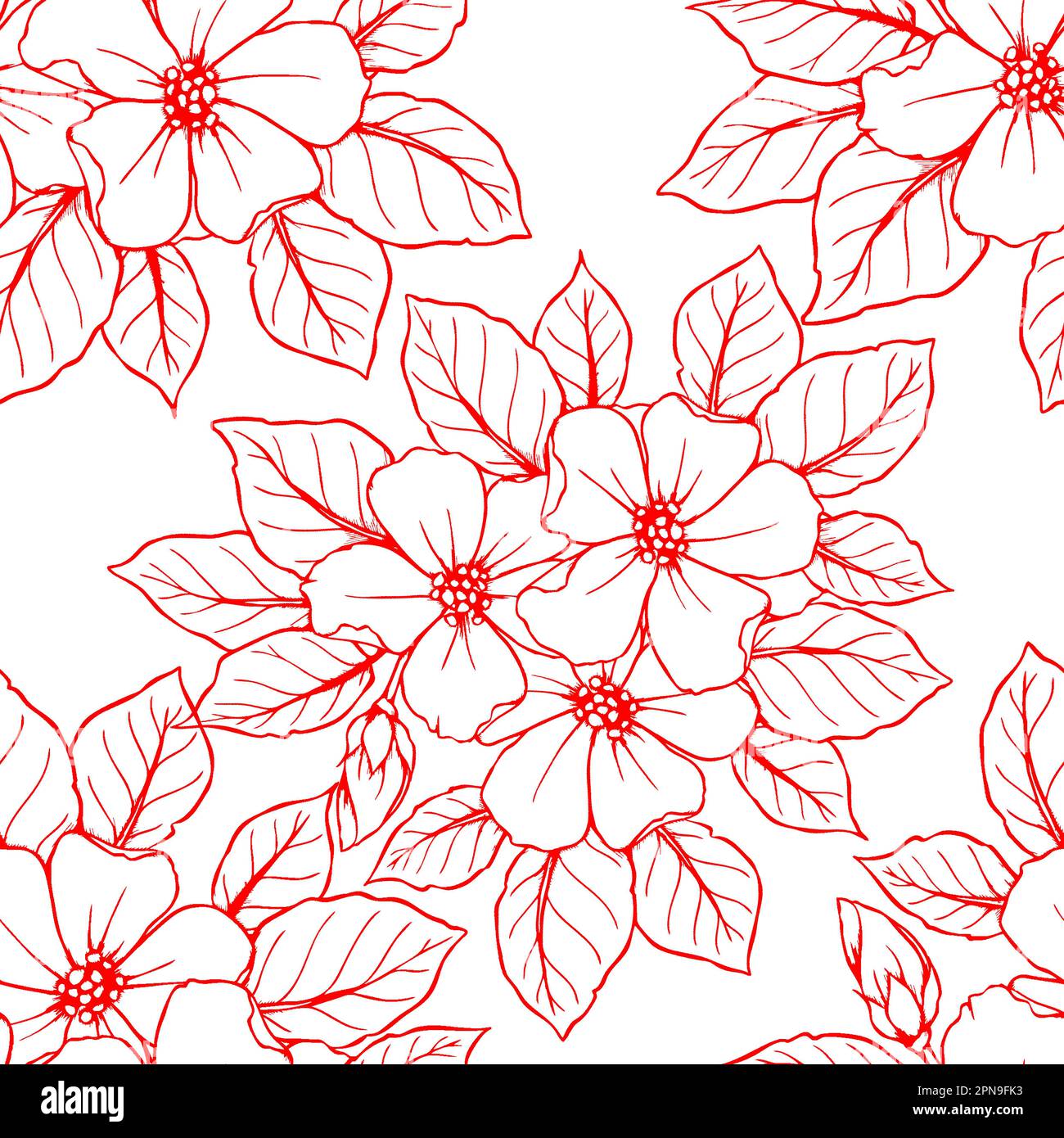 seamless contour pattern of large red flowers on a white background ...