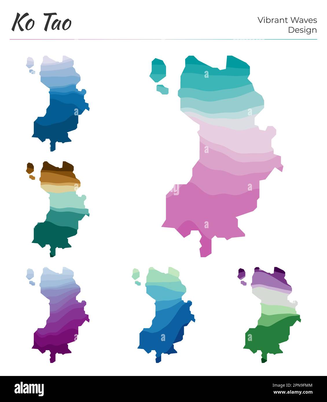 Set of vector maps of Ko Tao. Vibrant waves design. Bright map of island in geometric smooth ...