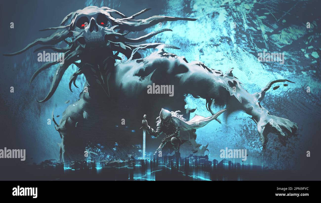 The knight cast a spell with his sword to awaken the demon, digital art ...