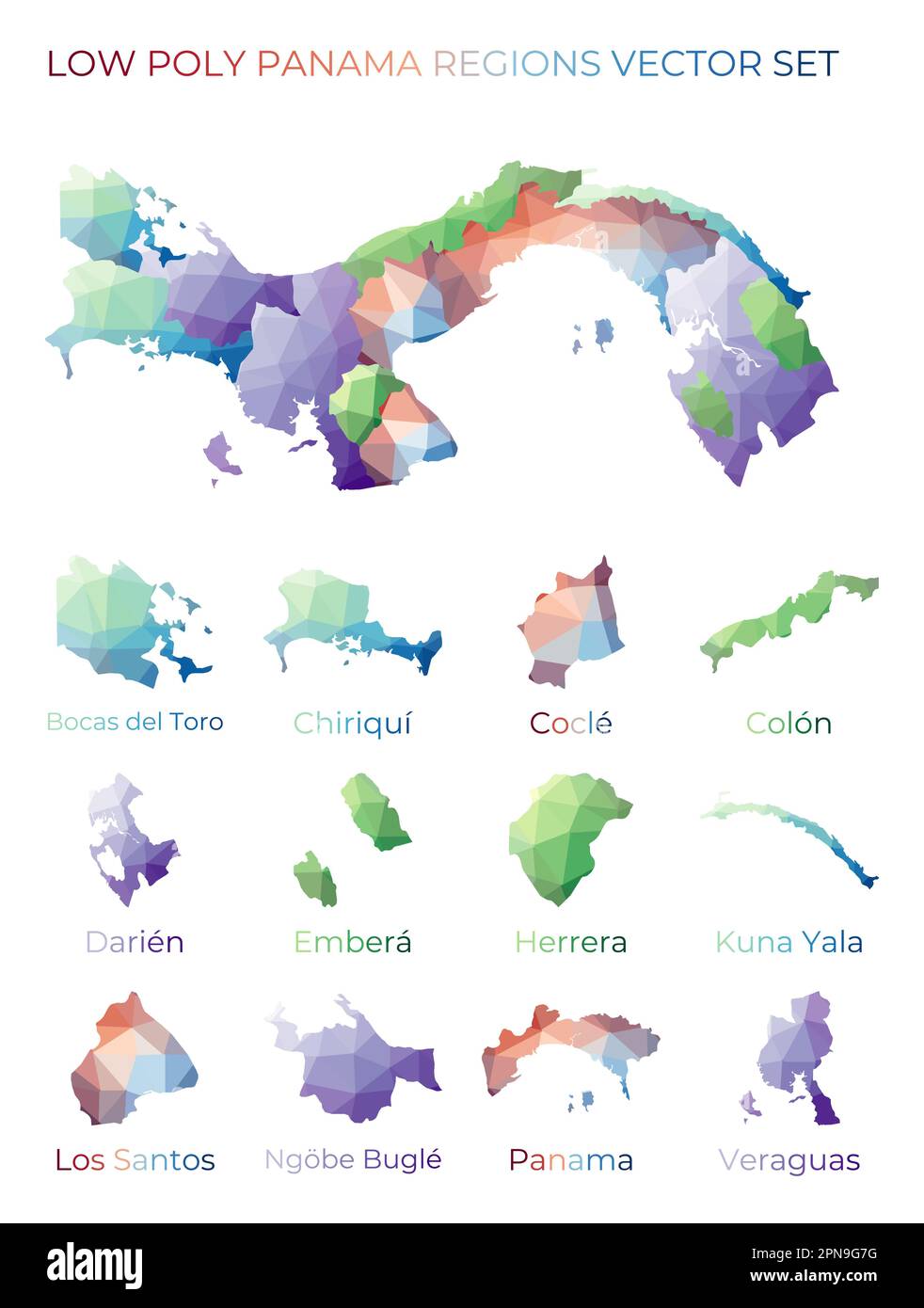 Panamanian low poly regions. Polygonal map of Panama with regions ...