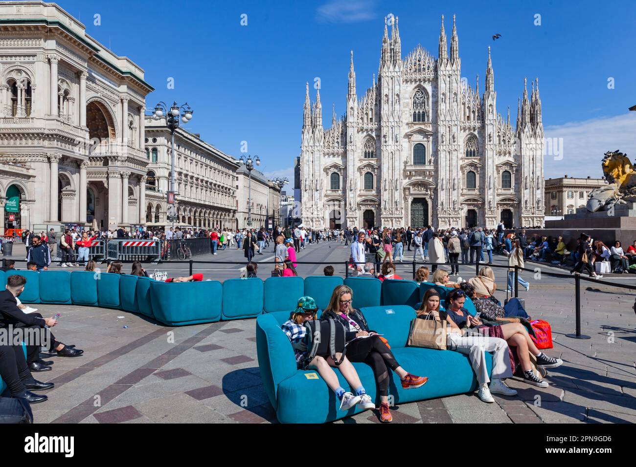 Milan, Italy - April 17, 2023: Fuorisalone design week. Installation of armchairs by Divani and ...