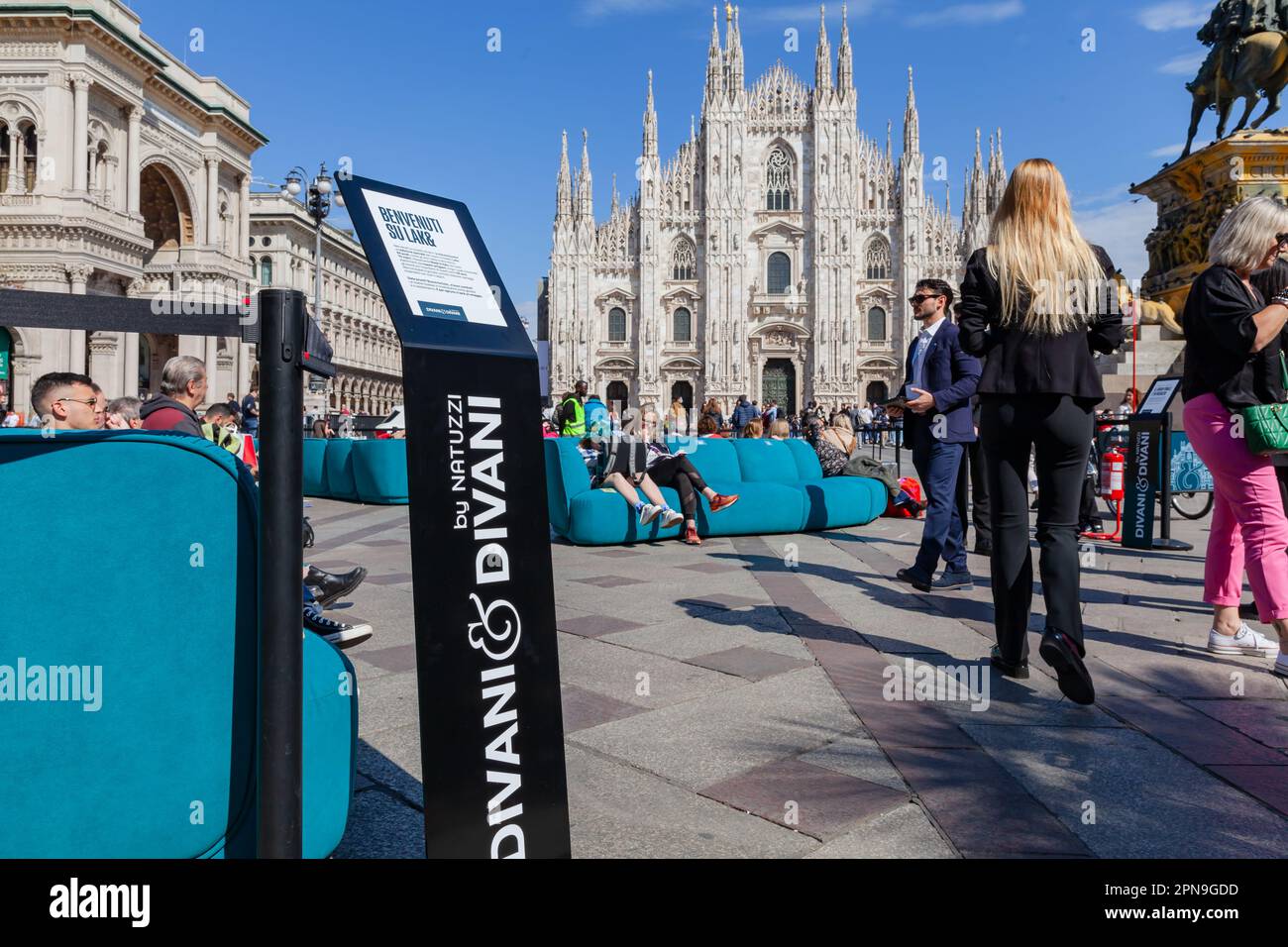 Milan, Italy - April 17, 2023: Fuorisalone design week. Installation of armchairs by Divani and ...