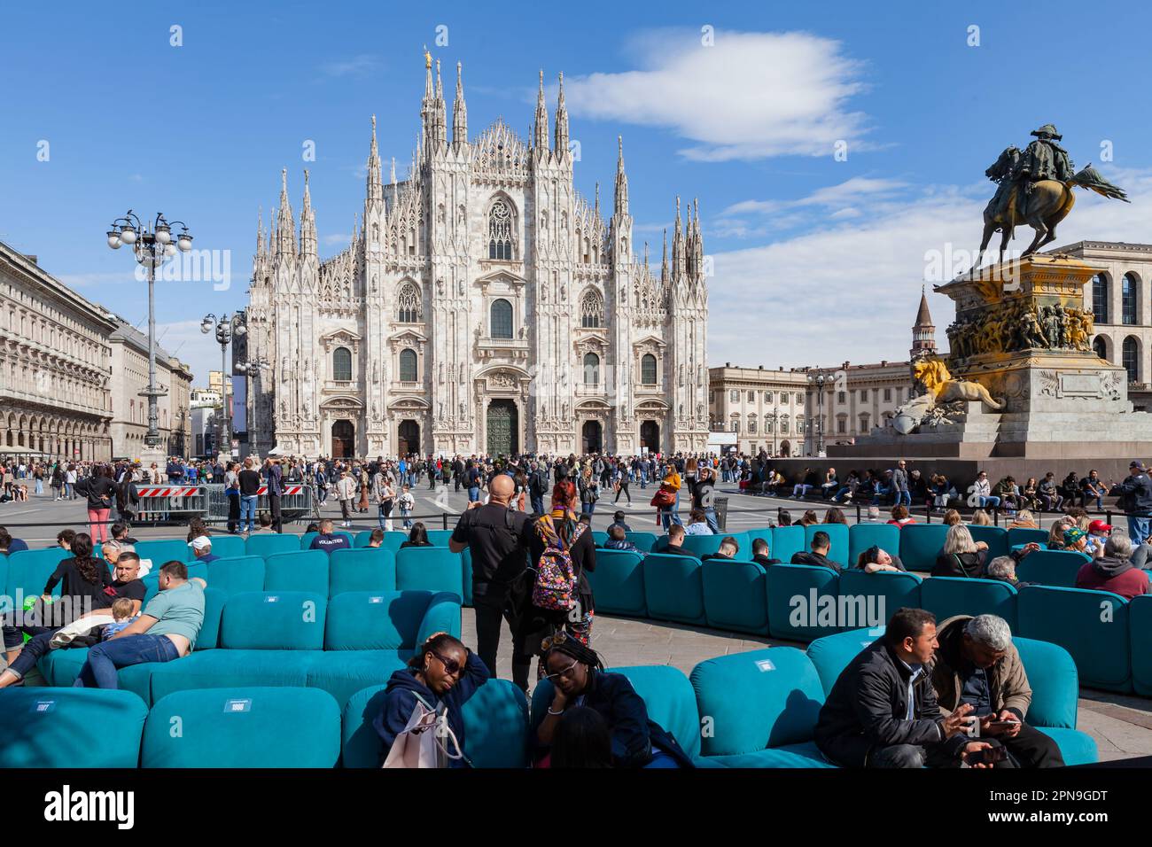 Milan, Italy - April 17, 2023: Fuorisalone design week. Installation of armchairs by Divani and ...