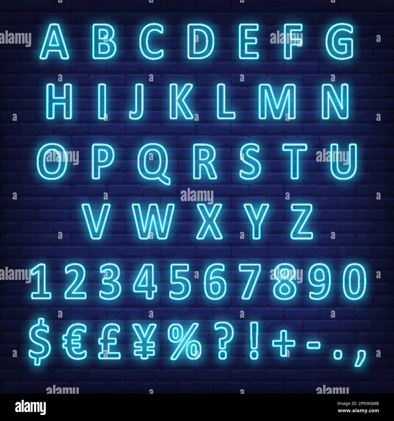 Blue neon English alphabet, digits and signs on brick wall Stock Vector ...