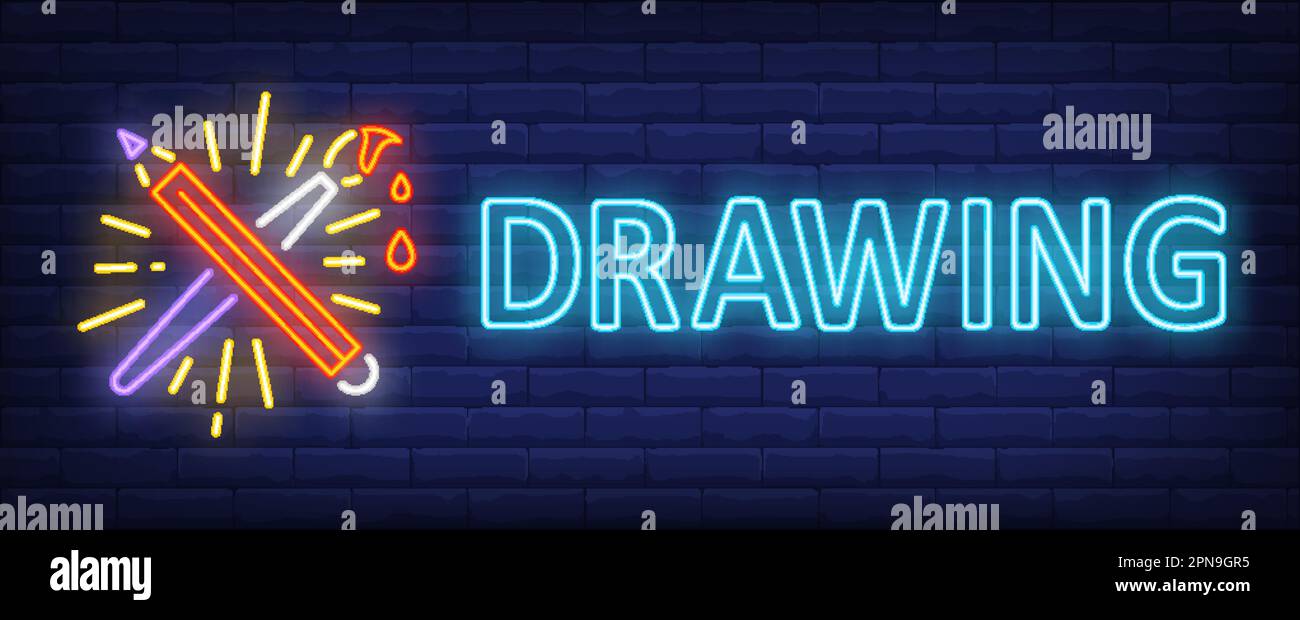 Drawing Neon Text With Shining Crossed Pencil And Brush Stock Vector Image And Art Alamy