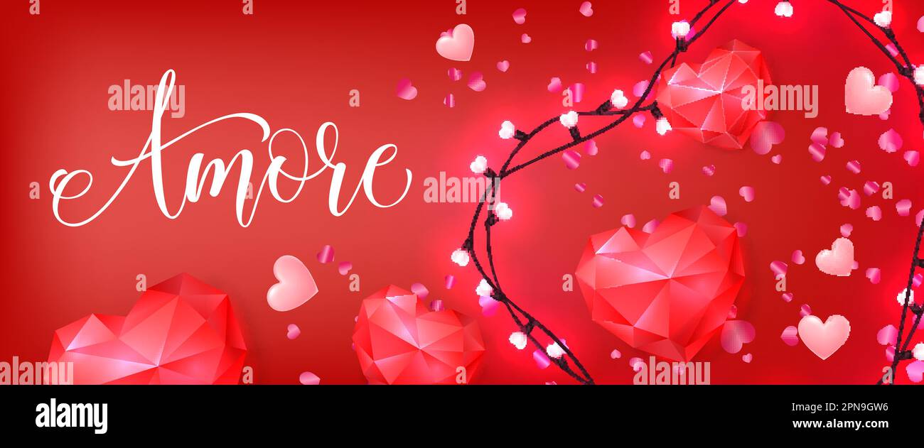 Amore lettering with ruby hearts and light garlands Stock Vector Image ...