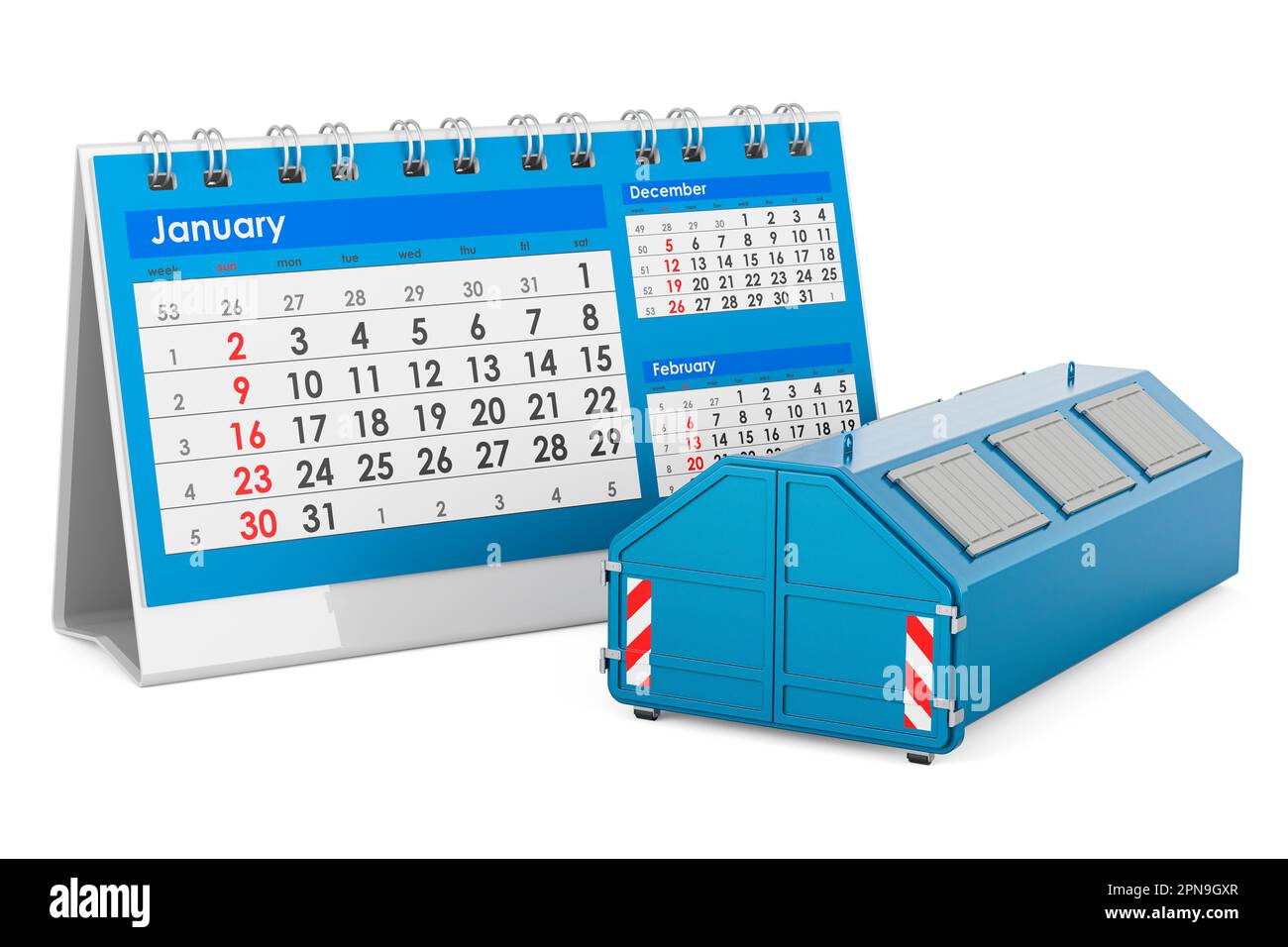 Industrial waste skip with desk calendar, 3D rendering isolated on ...