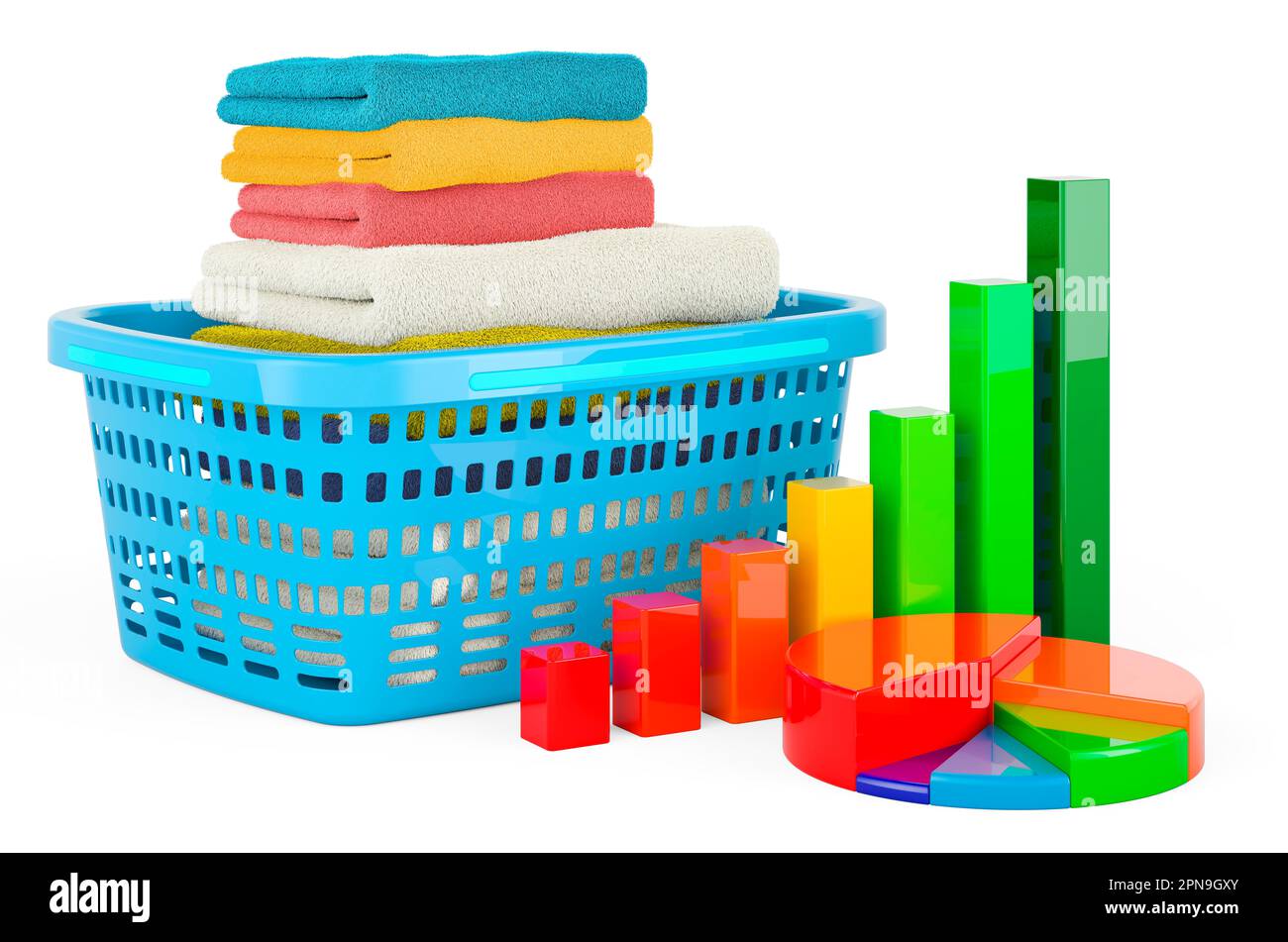 Laundry basket with growth bar graph and pie chart. 3D rendering ...