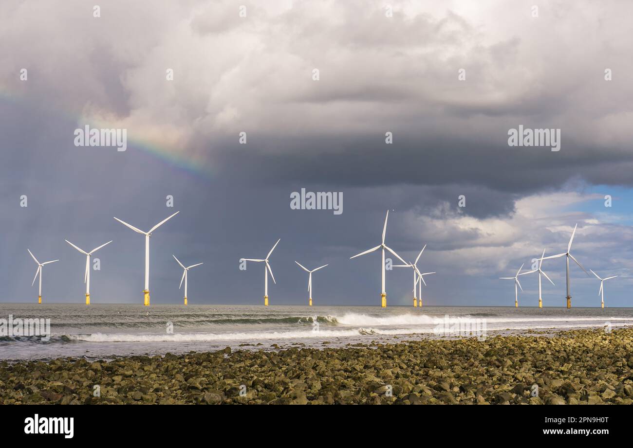 The Windfarm just off Coatham Beach between South Gare and Redcar. The ...