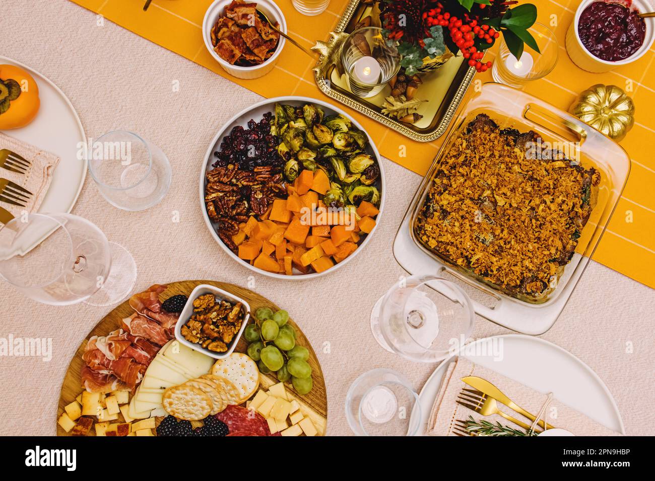 Top view of the table with Thanksgiving dishes and decor, celebration ...