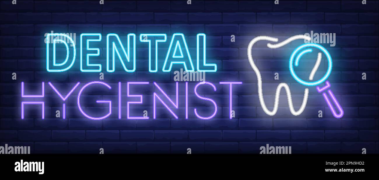Dental hygienist neon text with tooth and loupe Stock Vector Image ...