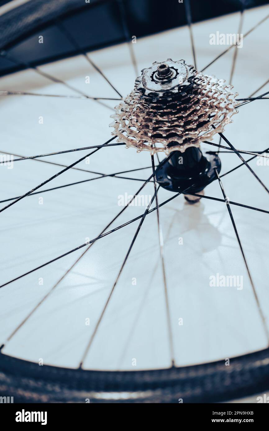Tooth crown gear transmission on a real bicycle wheel Stock Photo - Alamy
