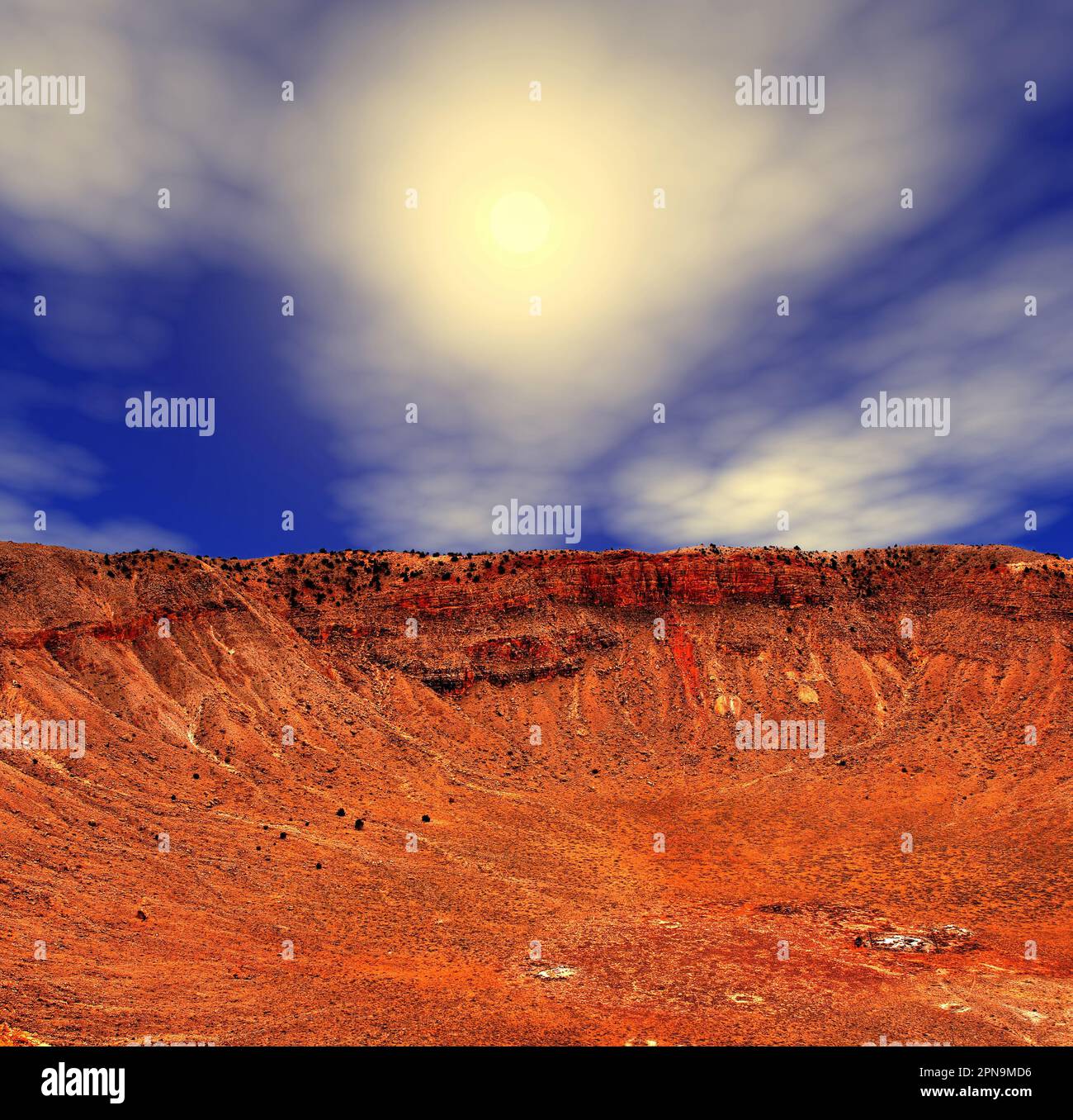 Meteor crater in Arizona with background sun Stock Photo - Alamy