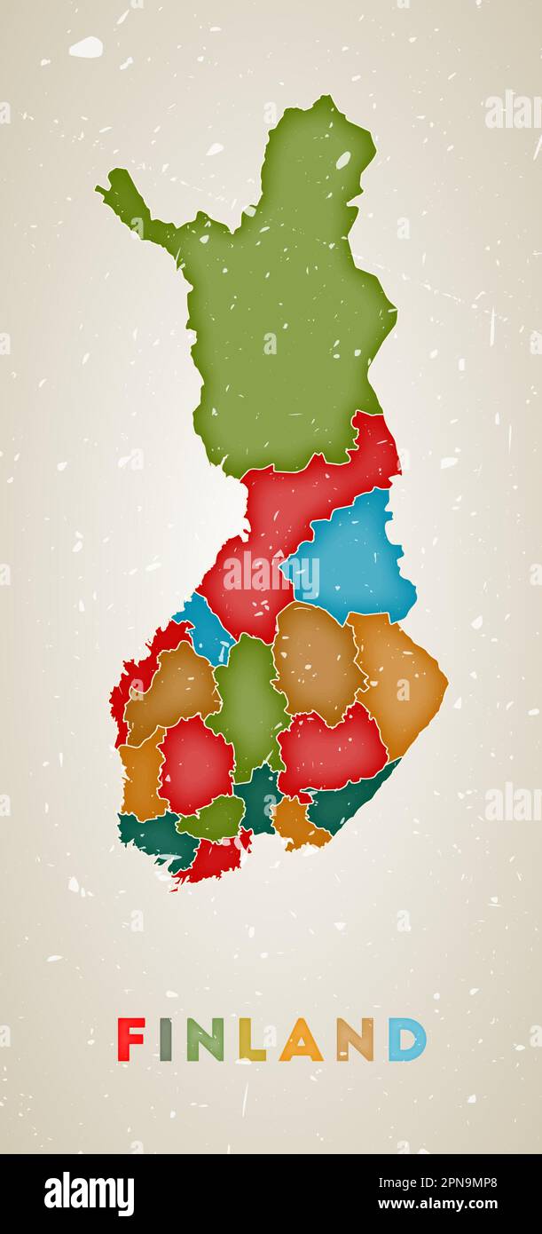 Finland map. Country poster with colored regions. Old grunge texture ...