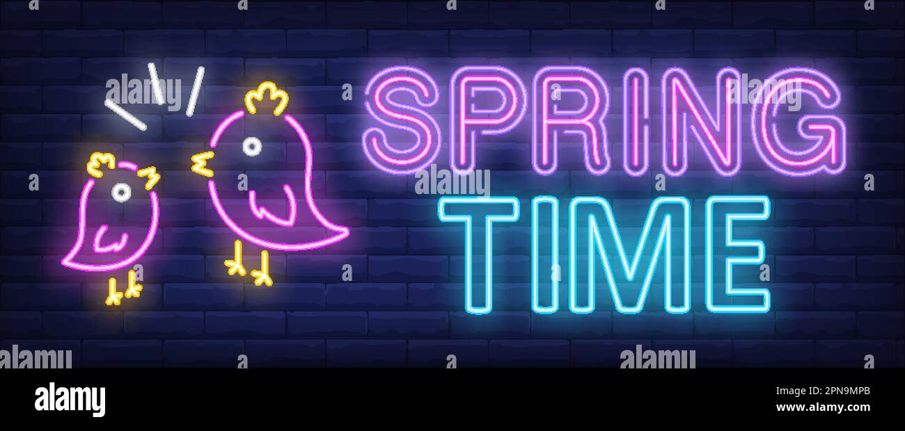 Spring time neon text with twitting birds Stock Vector Image & Art - Alamy