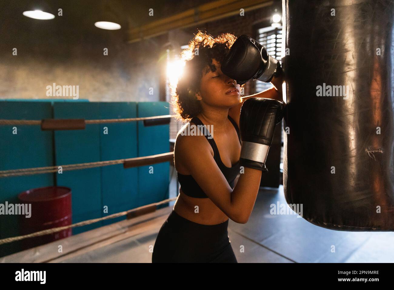 Women self defense girl power. African american woman fighter resting ...