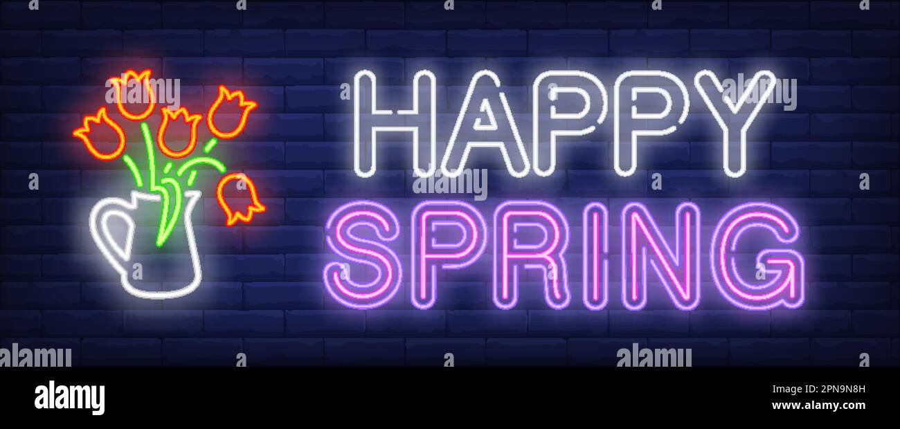 Happy spring neon text with tulips in jug Stock Vector Image & Art - Alamy
