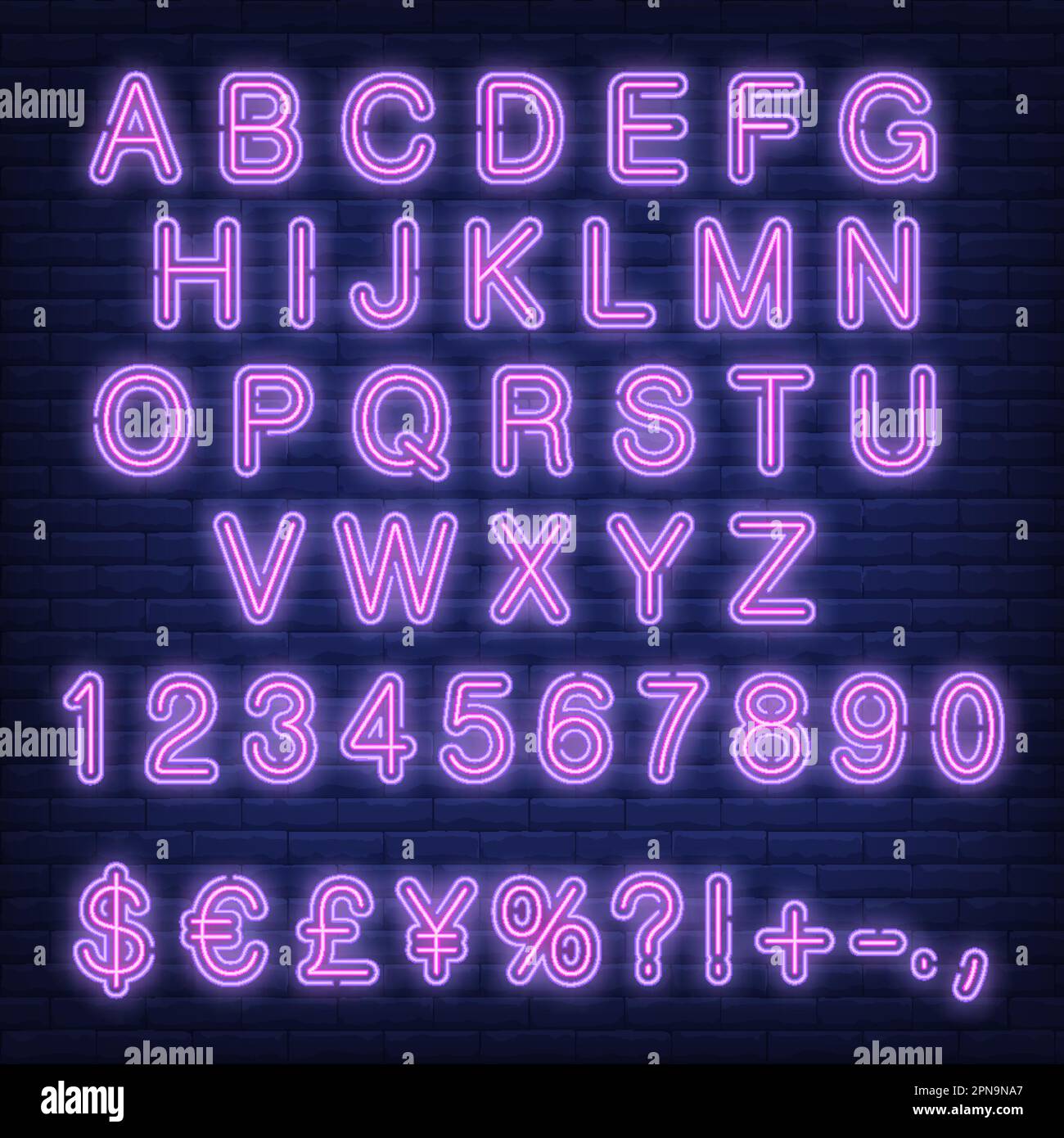 Purple neon English alphabet, digits and signs on brick wall Stock ...