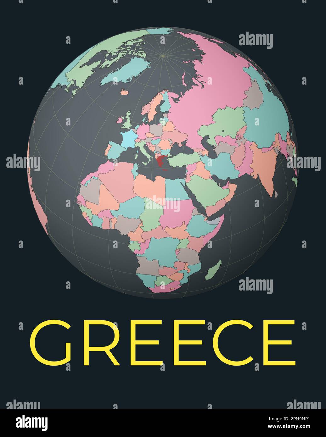 World map centered on Greece. Red country highlighted. Satellite world ...