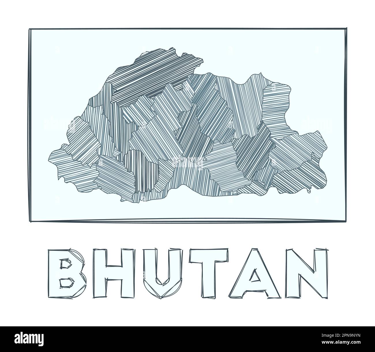 Sketch map of Bhutan. Grayscale hand-drawn map of the country. Filled ...