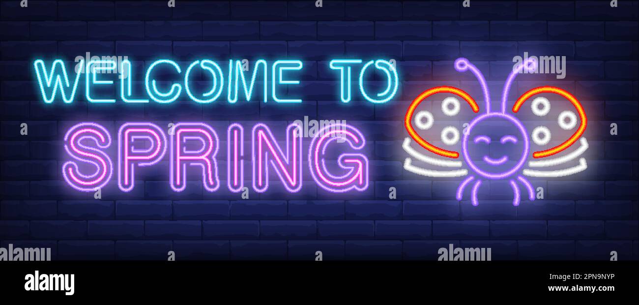 Welcome to spring neon text with smiling ladybird Stock Vector Image ...
