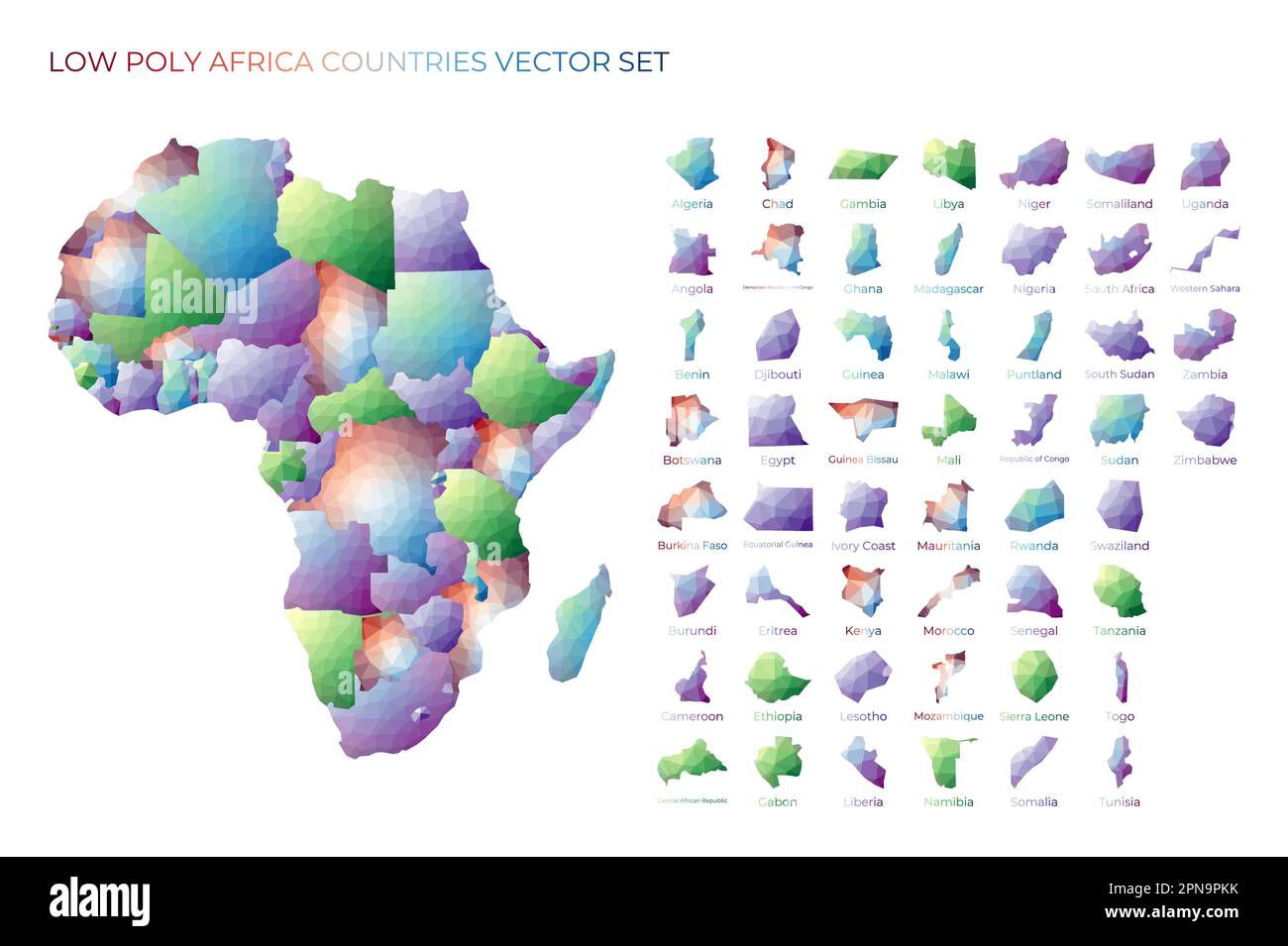 African low poly regions. Polygonal map of Africa with regions. Geometric maps for your design ...
